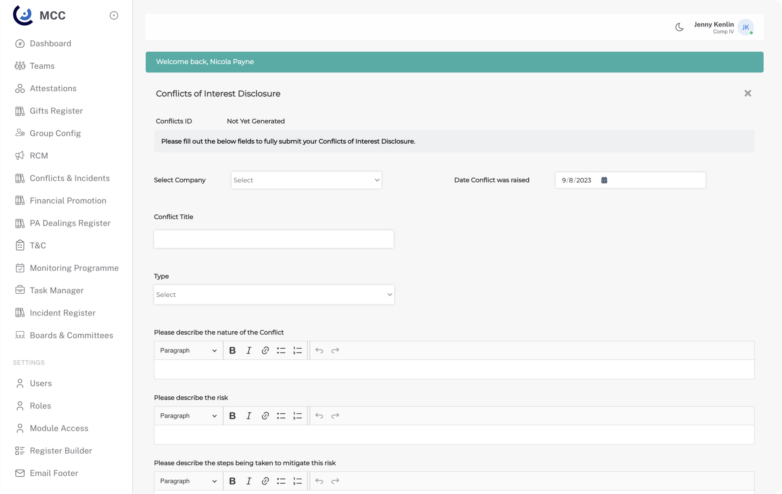 Conflicts Register - My Compliance Centre